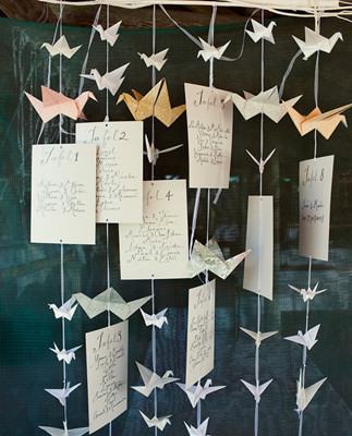 Hanging paper cranes and table seating display | Wedding & Party Ideas ...