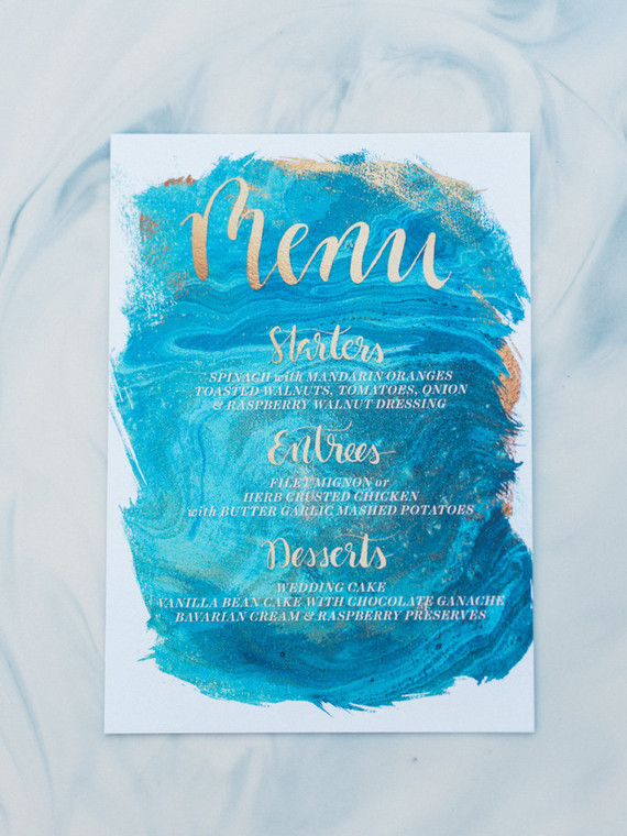 Blue watercolor wedding menu | Wedding & Party Ideas | 100 Layer Cake