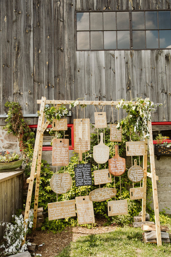 Cutting board seating chart for a farm to table barn wedding | Wedding ...