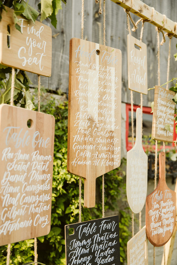 Cutting board seating chart for a farm to table barn wedding | Wedding ...